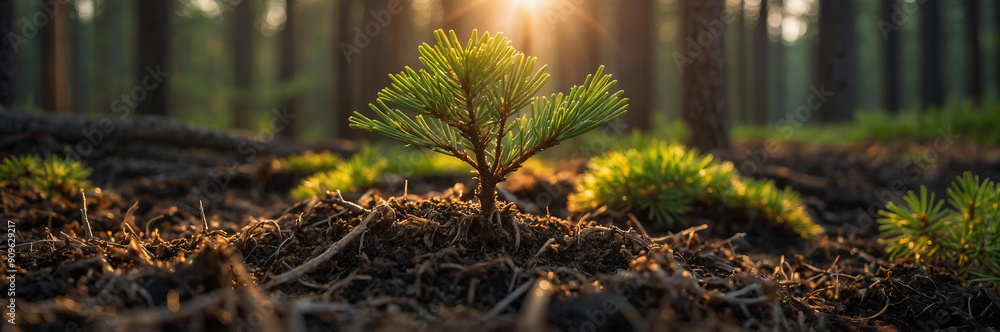 Young pine tree seedling growing in forest at sunrise. Close up ...