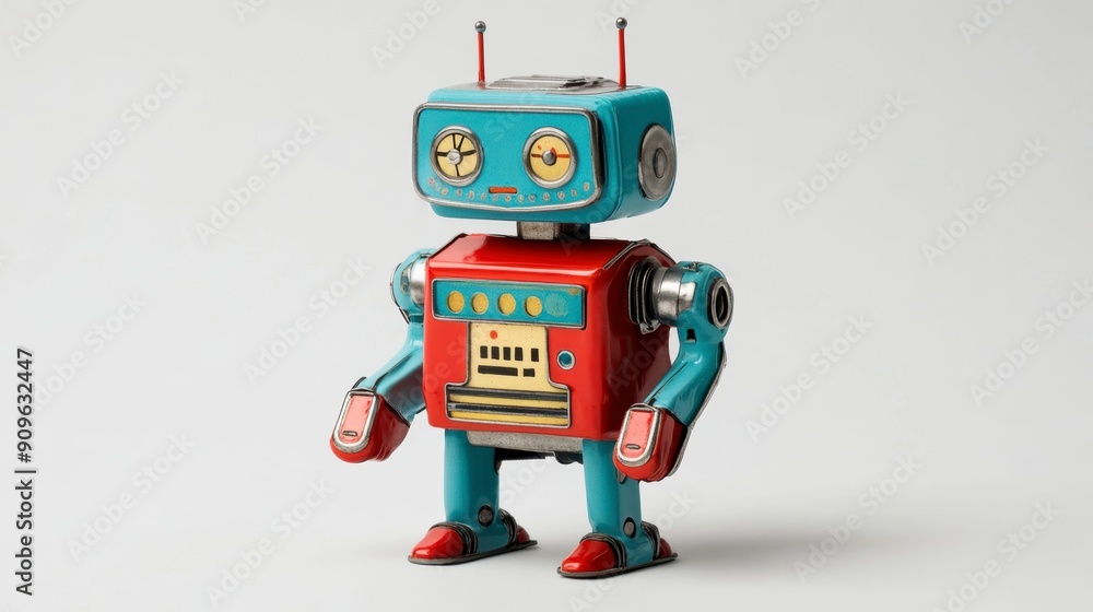 Retro toy robot with blue and red colors, standing on white background ...