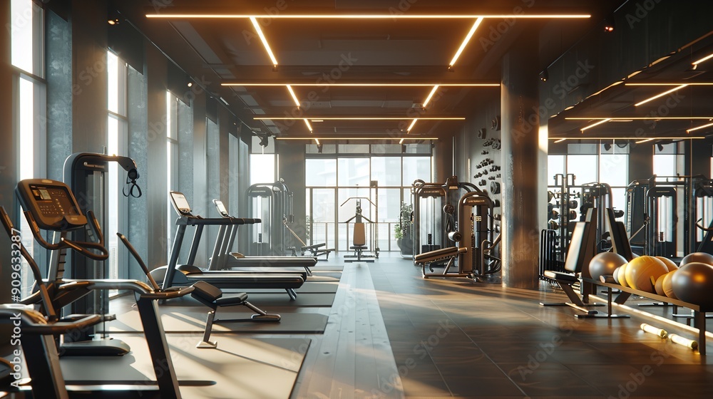 Gym, empty gym, sun rays coming through the gym windows creating ...