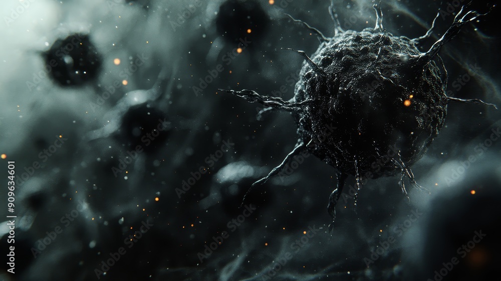 High-Contrast Close-Up of Black Cancer Cells with Subtle Orange Spots ...