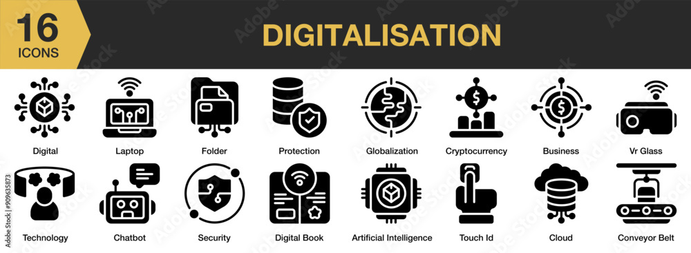 Digitalisation Glyph icon set. Includes Business, chat bot, digital ...