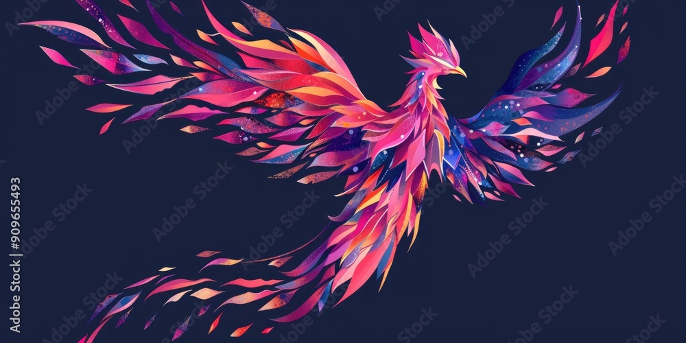 Female phoenix bird crafted in pink purple and navy blue hues with a ...