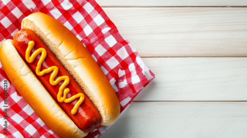Overhead view of classic American hot dog with mustard and ketchup on a ...