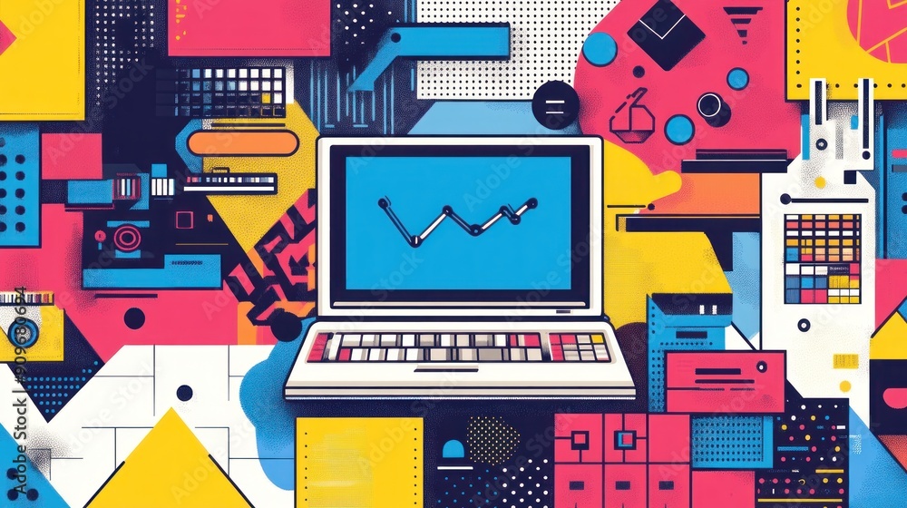 A pop art-style flat illustration with a retro feel, showcasing a bold ...