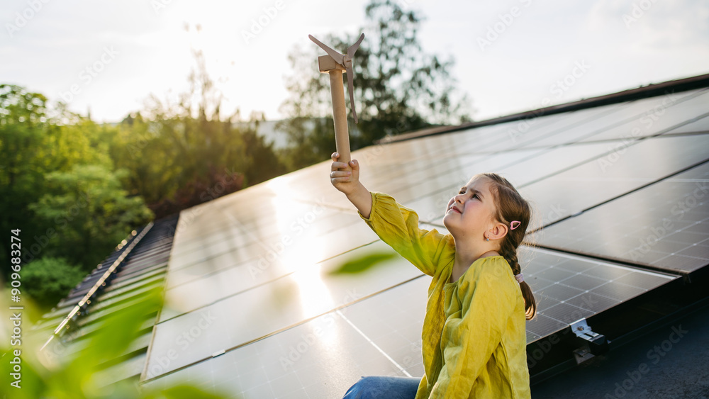Cute girl on roof with solar panels, holding model of wind turbine ...