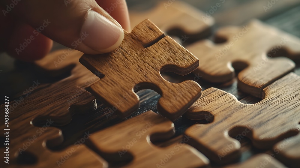 hand carefully places the final piece of a wooden puzzle, completing ...