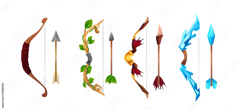 Bow with arrow vector set from various natural materials, archery or ...