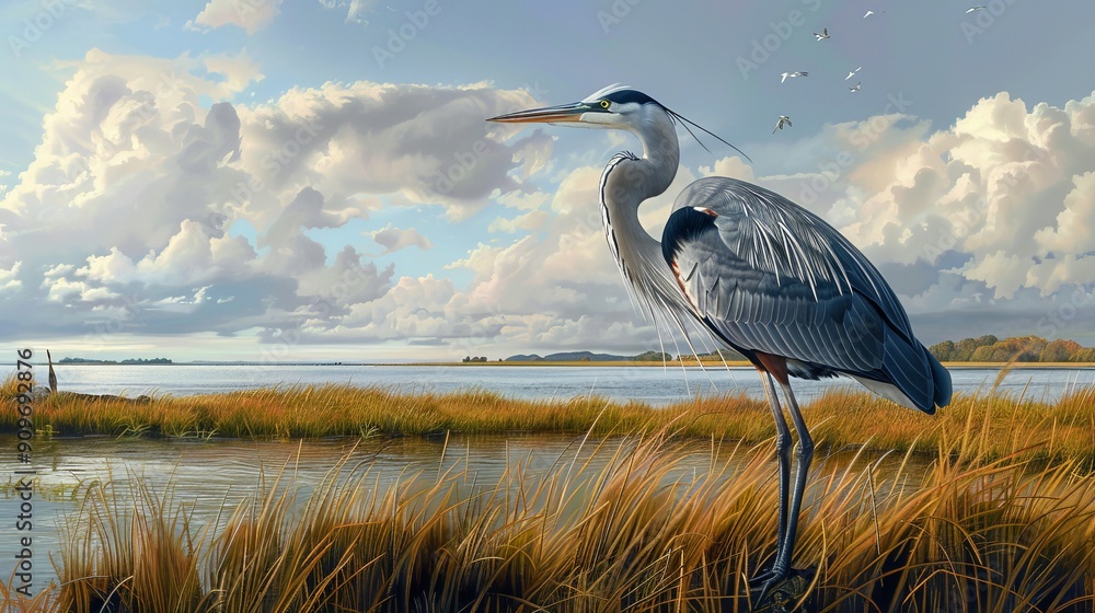 On grassy marshland, a Great Blue Heron is depicted with its long legs ...