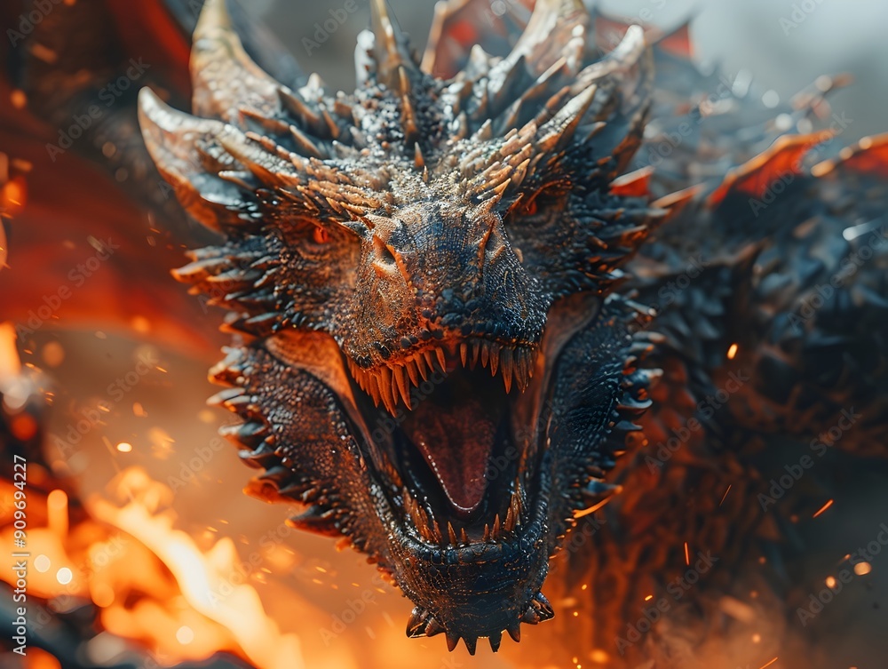 Ferocious Dragon Breathing Flames on Scorched Battlefield Stock Photo | Adobe Stock