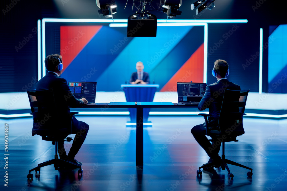 A modern TV studio setting featuring two hosts and a presenter ...