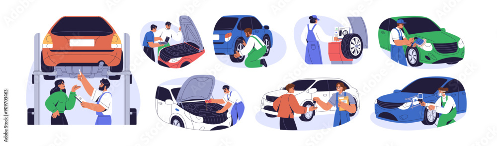 Car repair shop, service set. Auto mechanic checking and fixing vehicle ...