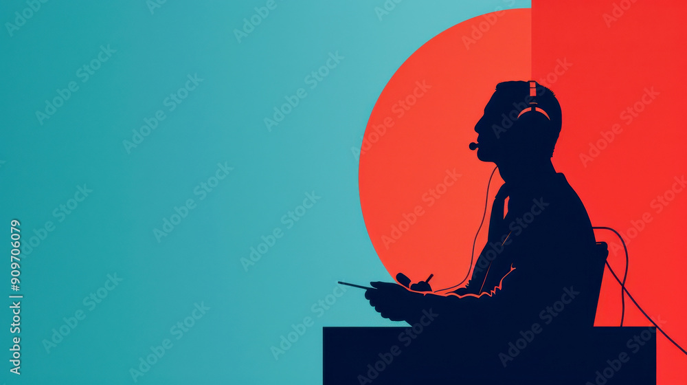 Stylized silhouette of a gamer wearing headphones, engaged in an ...