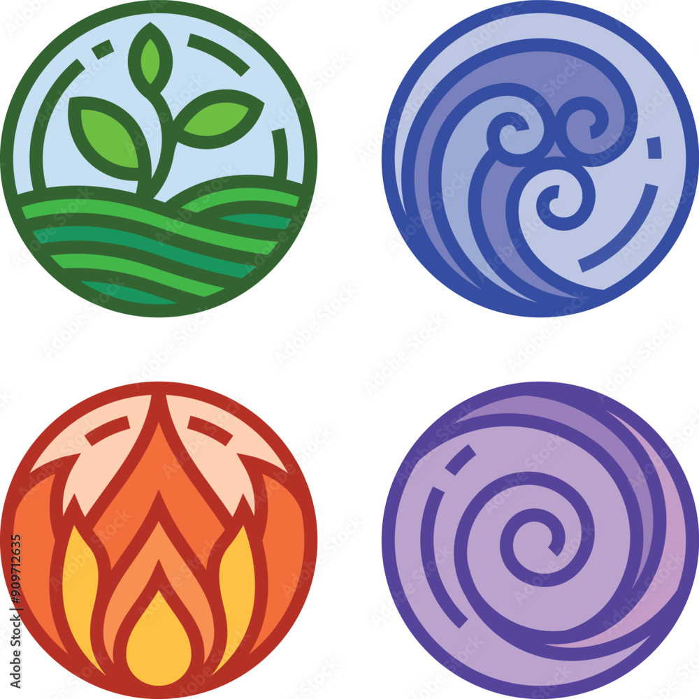4 elements nature symbol - earth water wind and fire circle line sign ...
