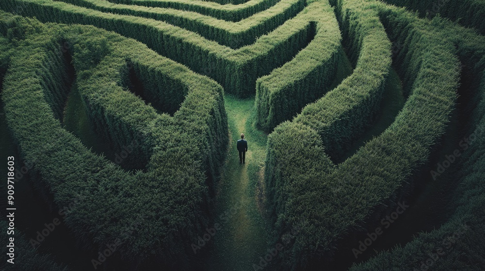 Dramatic shot of a person standing at a fork in a tall hedge maze ...