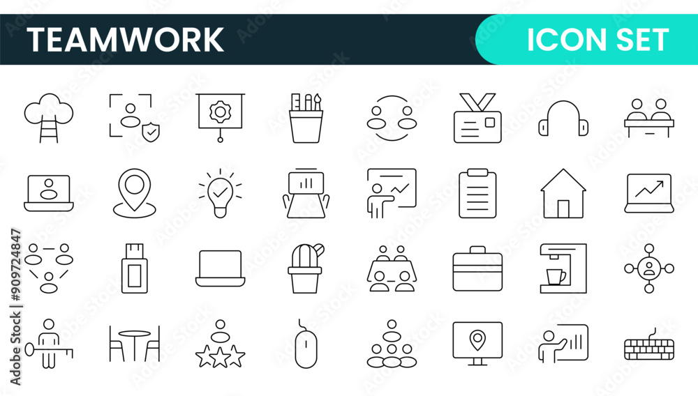 Teamwork linear icons collection. Set of coworking space icons ...