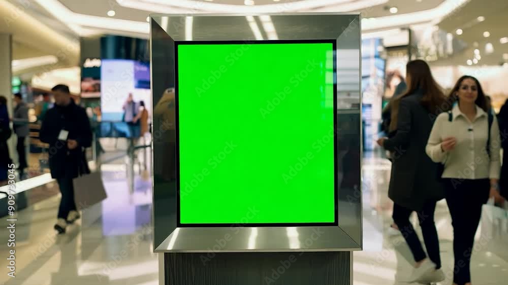 A digital display green screen backdrop stands in a bustling modern ...