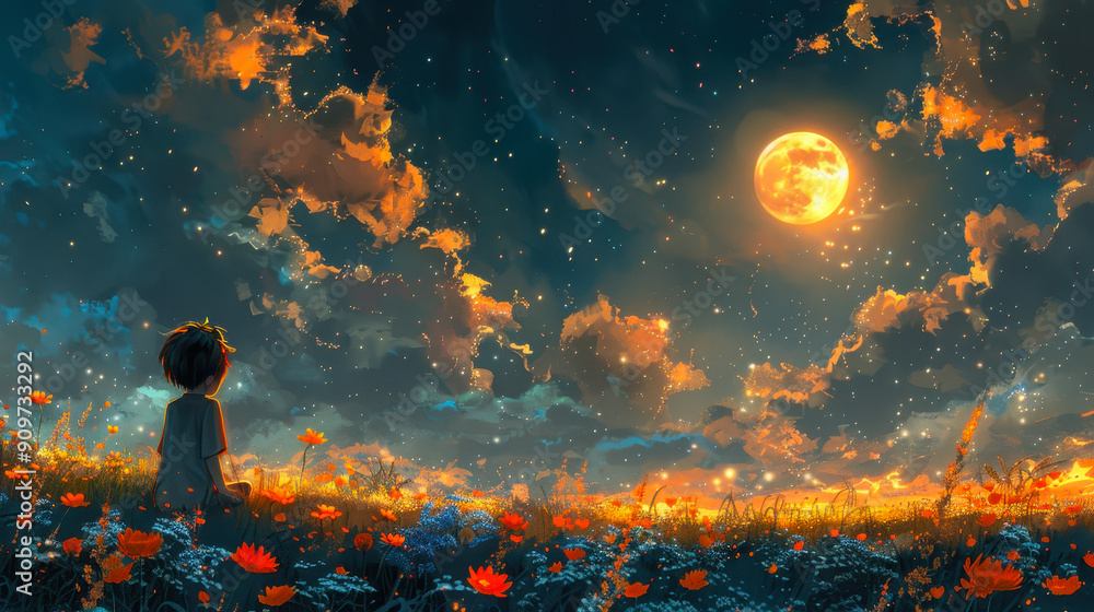 Young Boy Holding Moon in Hands Under Starry Night Sky, Sitting on ...