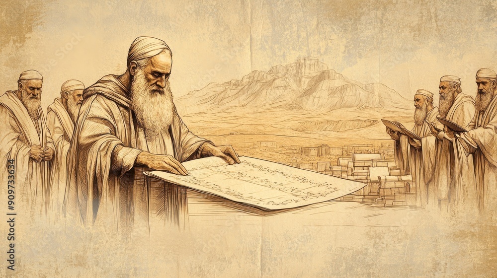 Biblical Illustration of Moses Writing on Scroll Surrounded by Scribes ...