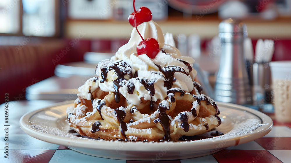 Delicious Ice Cream Funnel Cake with Powdered Sugar, Chocolate Syrup ...