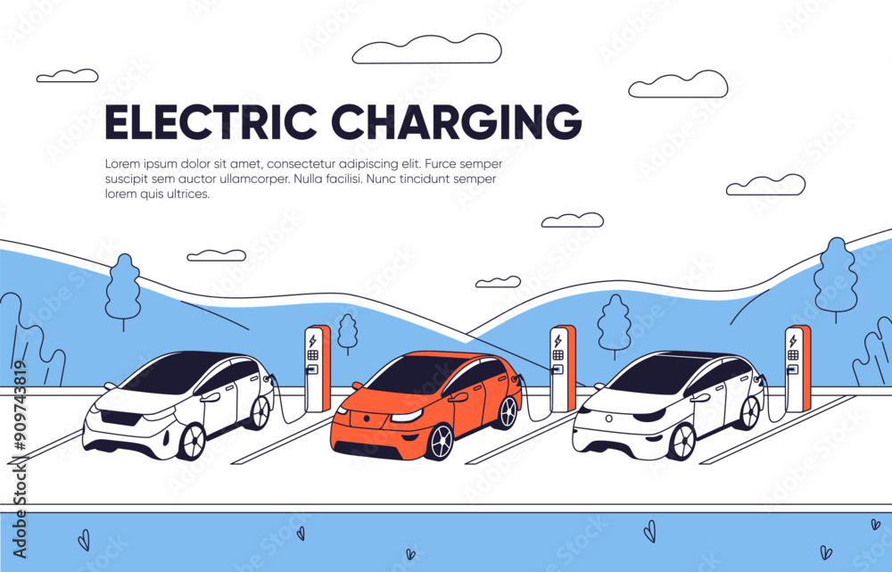 Design of web banner with electric cars chargers. Template of landing ...
