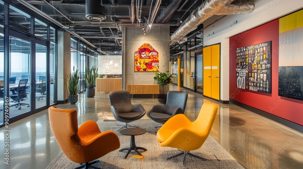 An office space designed in maximalist style, showcasing bold fonts ...