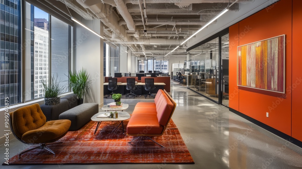 An office space designed in maximalist style, showcasing bold fonts ...
