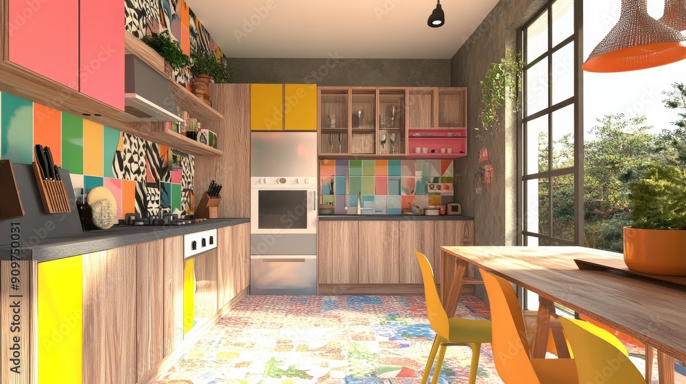 A kitchen featuring maximalist design elements, including saturated ...