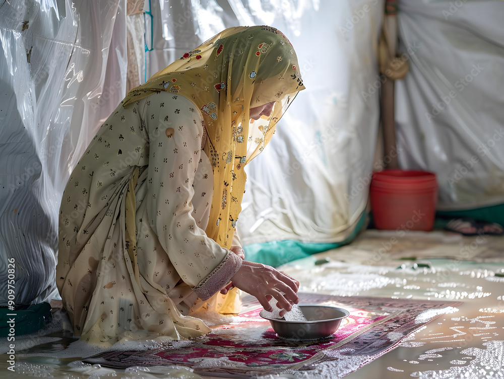 Foto de Muslim woman in hijab pouring water from jug over hands in ...