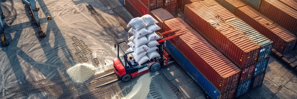 Forklift Handling White Bags, Loading Fertilizer Bags into Containers ...