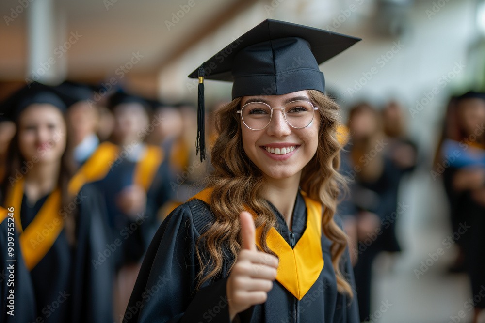Young girl graduate thumb up, holding her diploma with pride, smiling ...