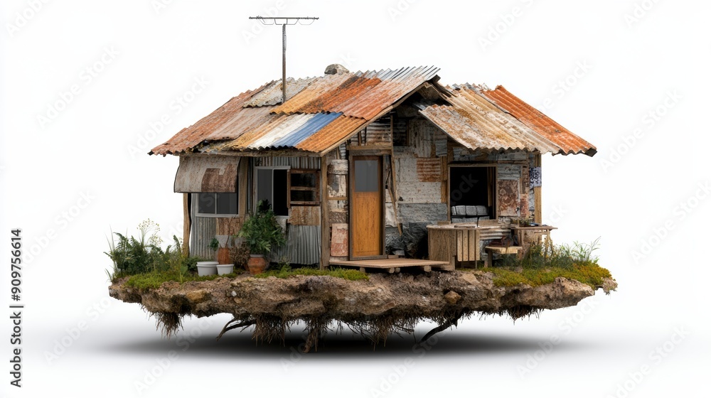 An isolated, rustic shack with tin roof and improvised structure ...