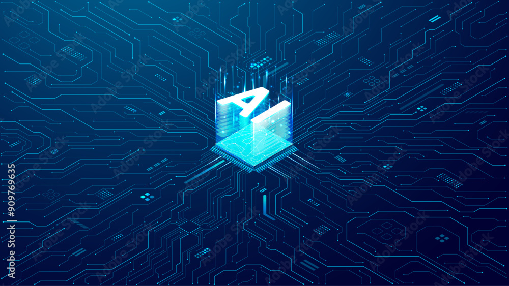 AI background. Abstract AI chip hologram on circuit board tech bg ...