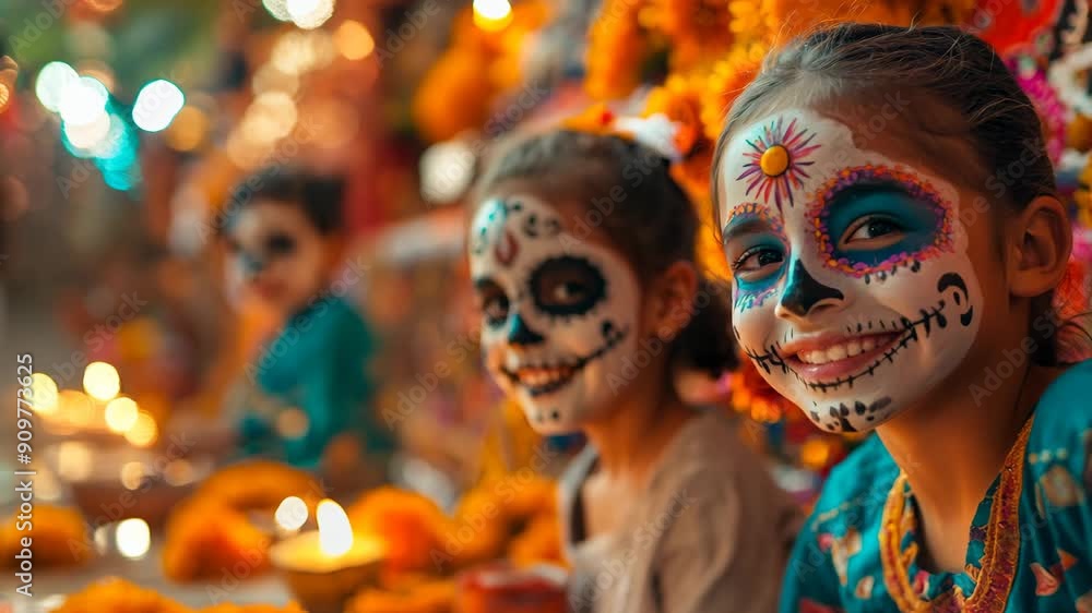 Stockvideon Happy children with Catrina makeup celebrating Dia de los ...