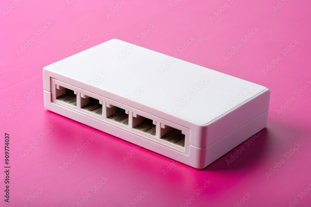A solitary white 8-port plastic Ethernet switch stands out against a ...