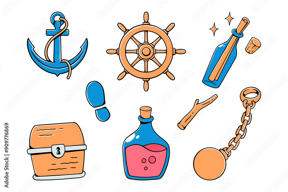 set of pirate supplies colorful doodle illustration element designs ...