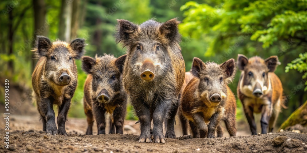 A group of wild pigs, also known as feral pigs or wild boars, roam ...