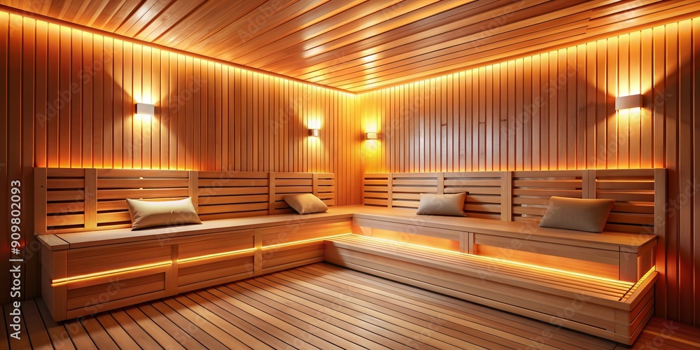 Modern sauna interior with infrared heat panels and wooden benches ...