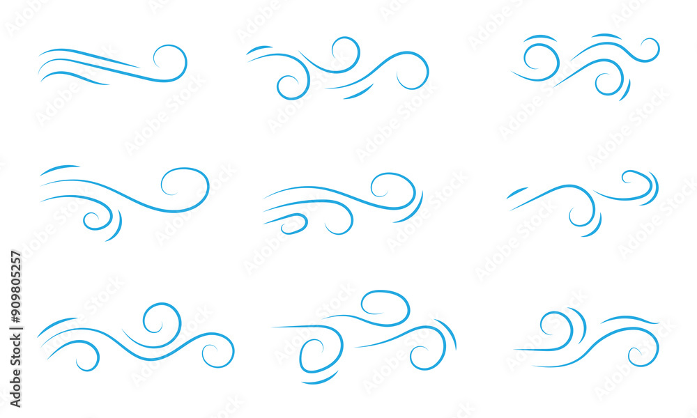 Doodle wind line sketch set. Hand drawn doodle wind motion, air blow ...