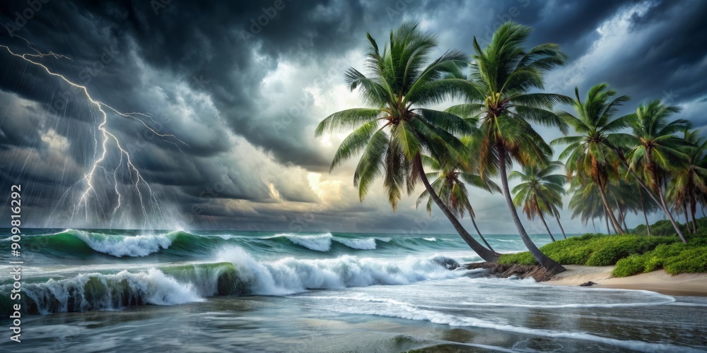 Intense tropical storm batters a palm tree-lined island beach, with ...