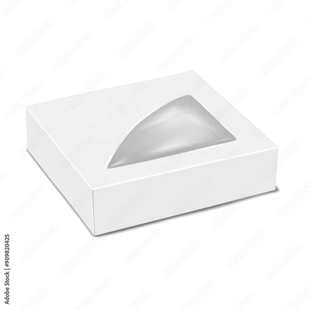 White square paper box with clear plastic window to display product. 3d ...