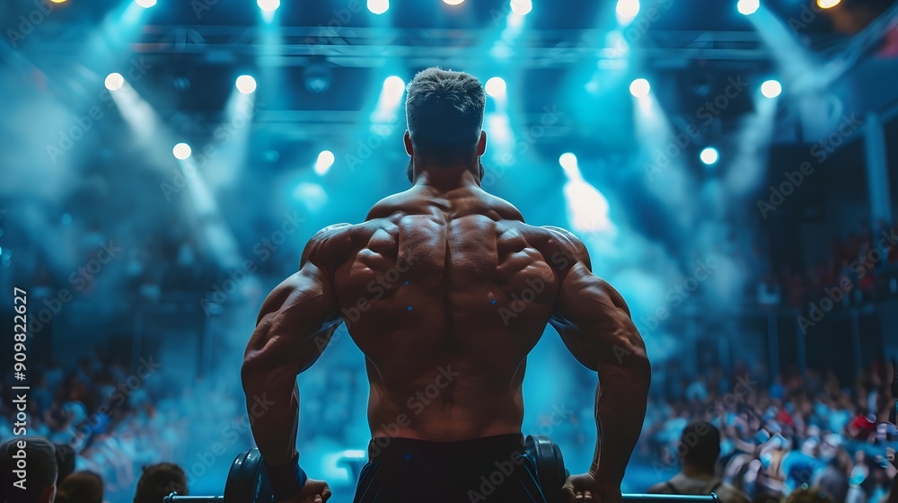Muscular Bodybuilder Posing on Lit Stage in Front of Cheering Crowd ... Muscular Bodybuilder Posing on Lit Stage in Front of Cheering Crowd ...