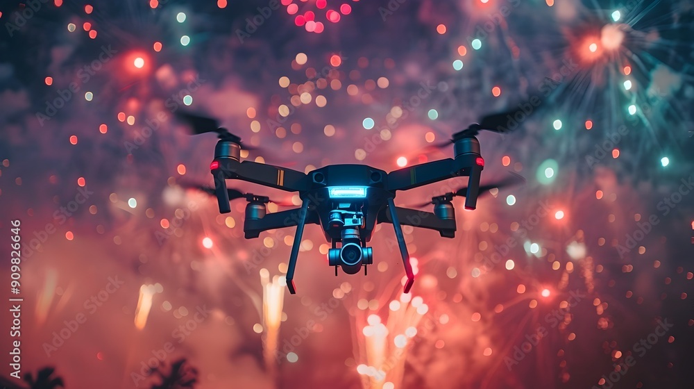 Drone Capturing Panoramic Fireworks Display in Night Sky with Bursts of ...