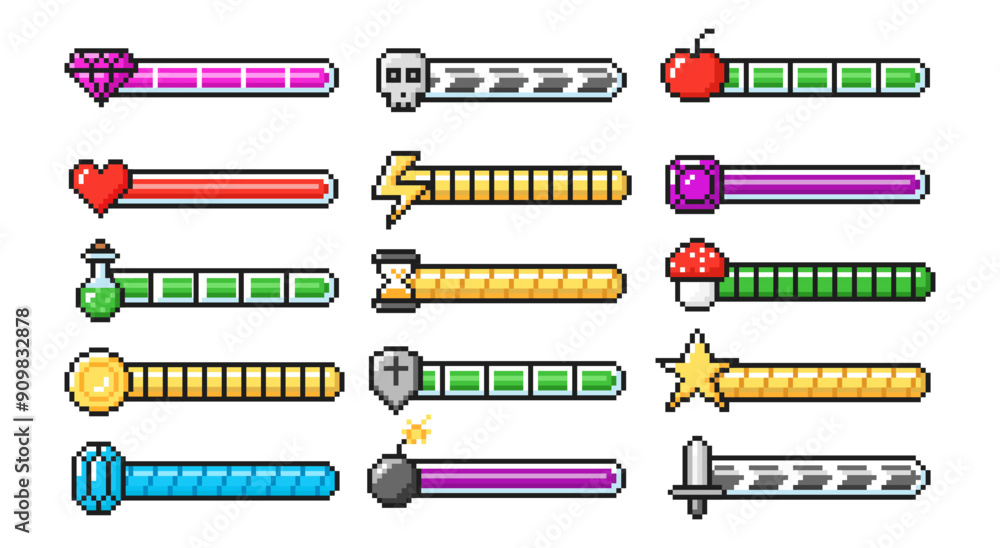 Loading progress bar in 90s style. 8 bit loader process status. Pixel ...