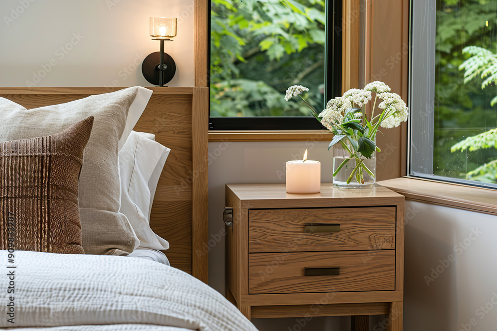 A close-up shot of the bedside table in front of the bed, which is made ...