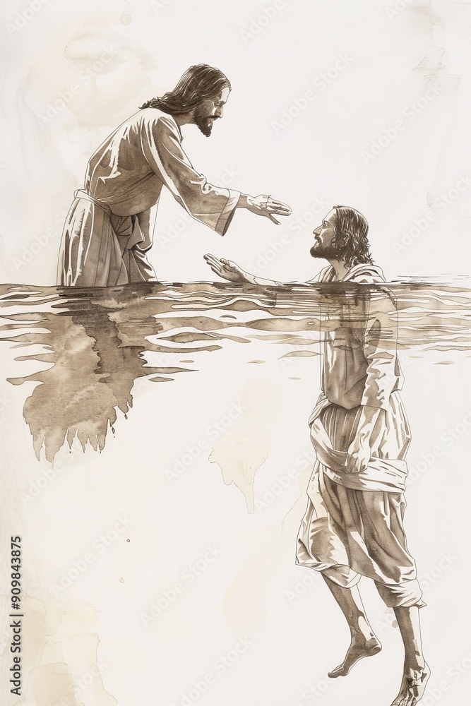 Jesus Helping Peter Walk on Water, Inspirational Watercolor Art for ...