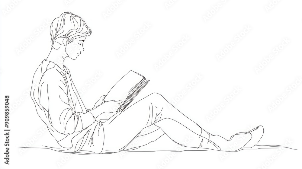Simple line drawing of a person reading a book, with minimal lines ...