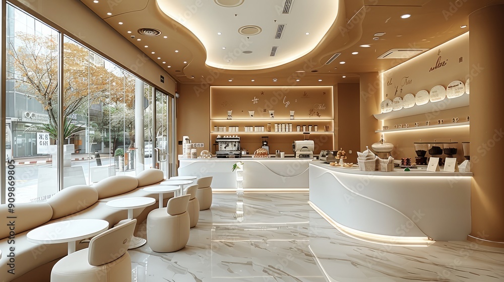 A modern and cozy cafe featuring a color palette of light chocolates ...