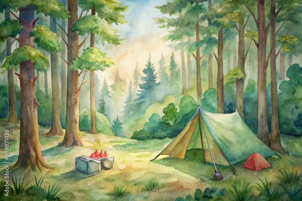 Serene forest camping scene with a pitched tent, camping gear, and a ...