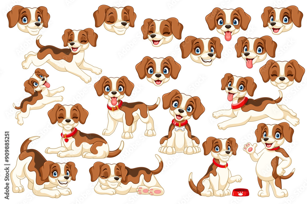 Set Collection of Various Cute beagle dog cartoon poses with various ...