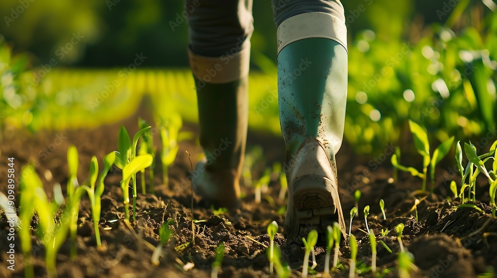 Farmer walking corn sprouts in field agriculture a business concept The farmers feet touch corn ...